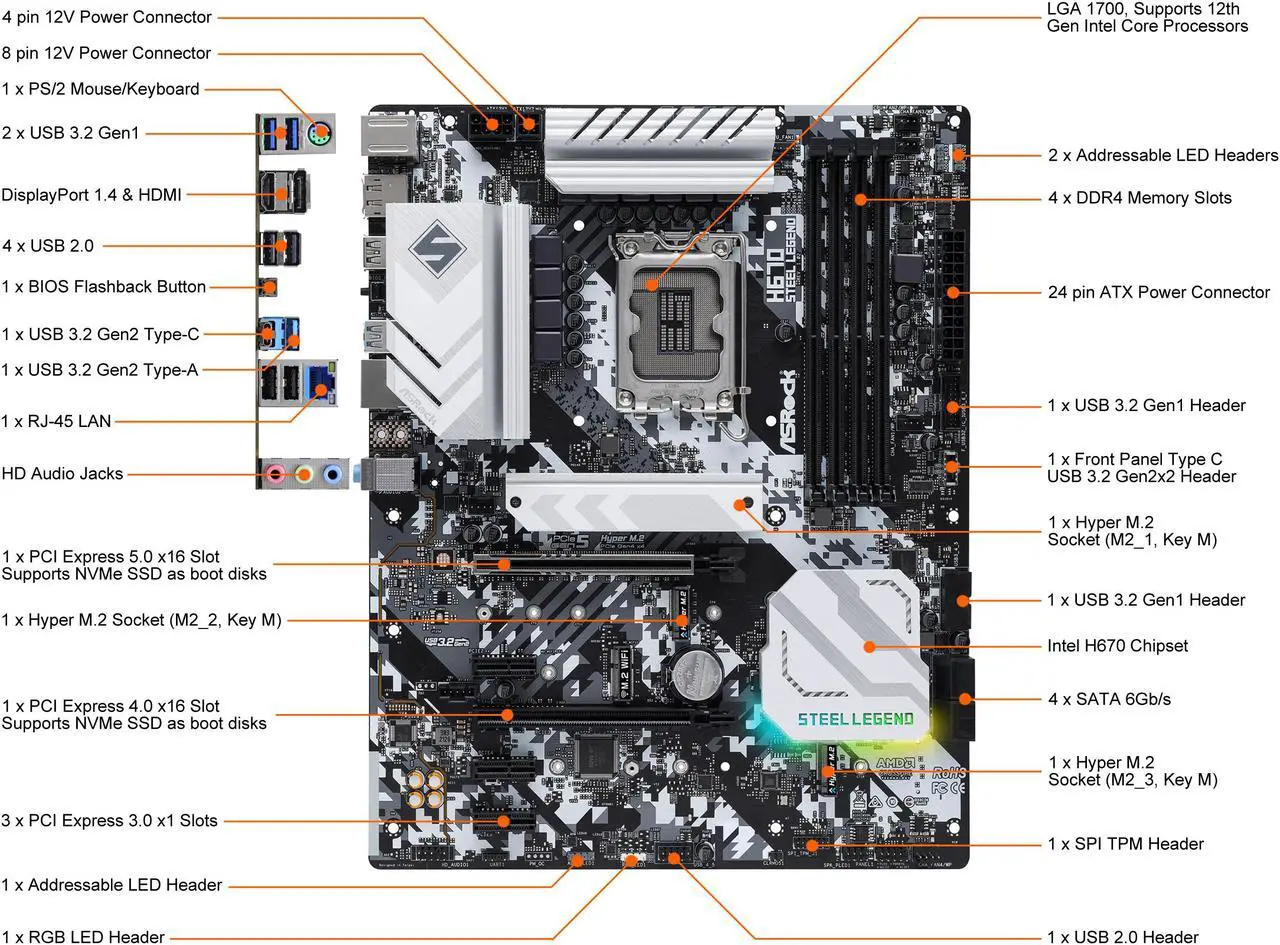 ASRock H670 STEEL LEGEND LGA 1700 Intel H670 SATA 6Gb/s DDR4 ATX ...