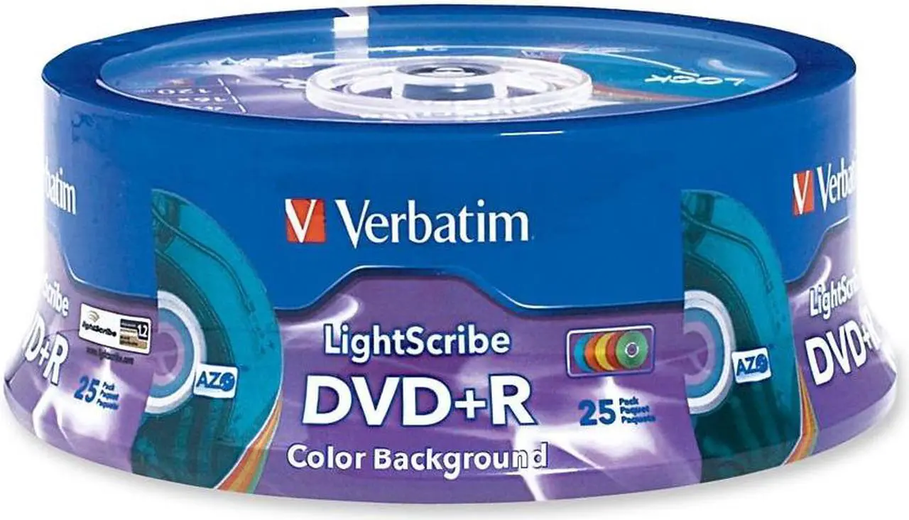 Verbatim 4.7GB 16X DVD+R LightScribe 25 Packs 5 Colors Disc Model 96432 ...