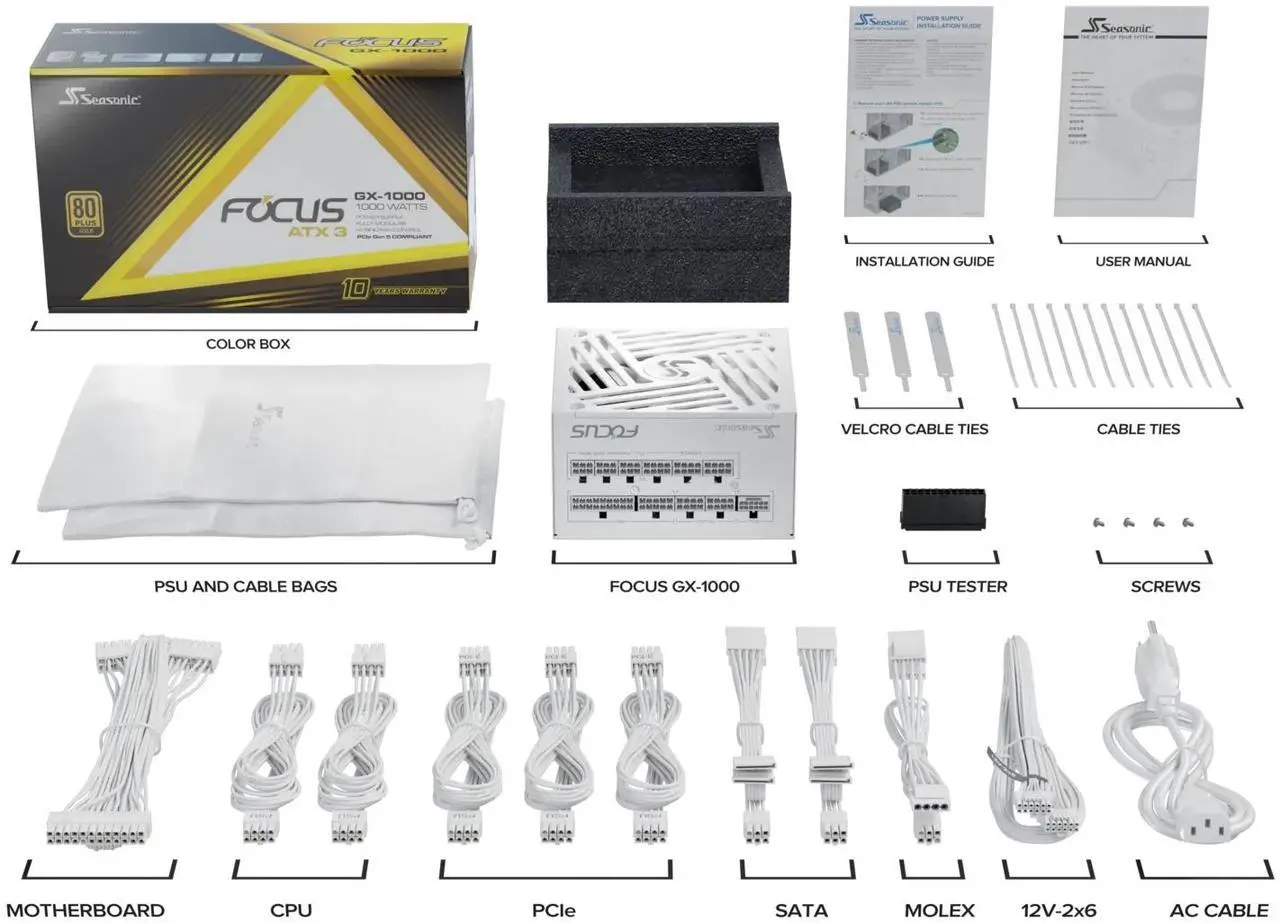 SeaSonic FOCUS GX ATX 3 (2024) GX-1000 White 1000 W Power Supplies ...