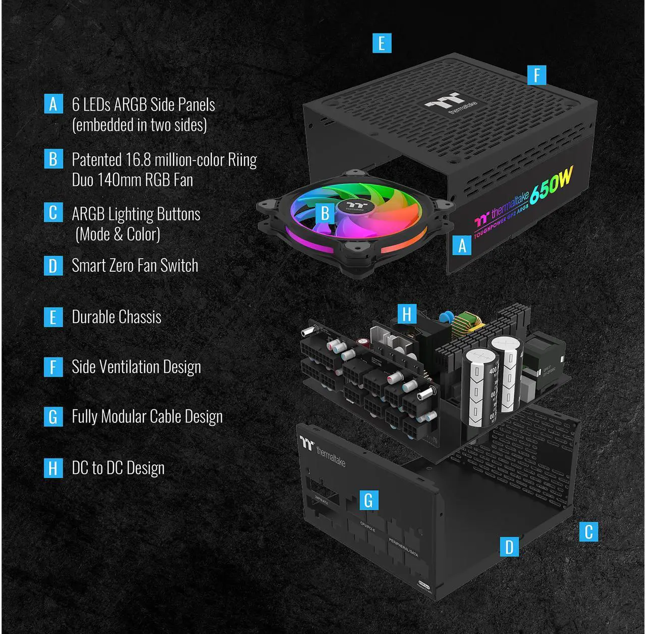 Thermaltake Toughpower GF2 ARGB 650W 80+ Gold 16.8 Million Colors 18 Addressable LEDs 5V ...