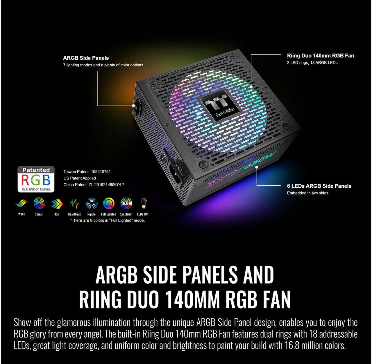 Thermaltake Toughpower GF2 ARGB 650W 80+ Gold 16.8 Million Colors 18 Addressable LEDs 5V ...