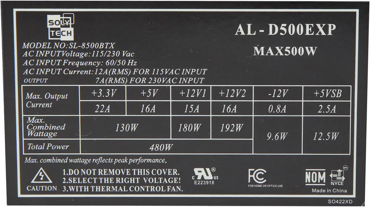 Solytech AL-D500EXP/SL-8500BTX 500 W Power Supply - Newegg.com