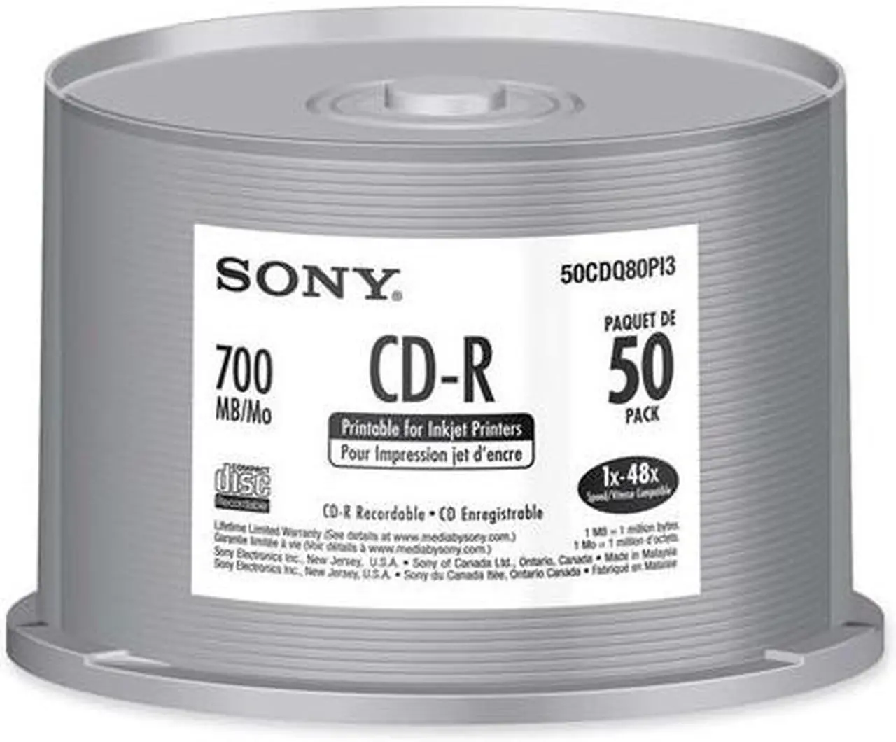 SONY 700MB 48X CD-R Inkjet Printable 50 Packs Disc Model 50CDQ80PI3 ...