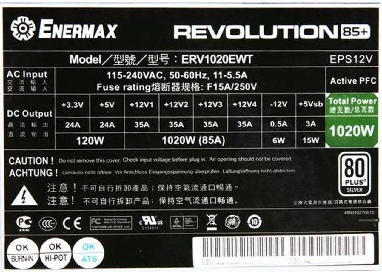 ENERMAX REVOLUTION85+ ERV1020EWT 1020W (Peak 1120W) Power Supply ...
