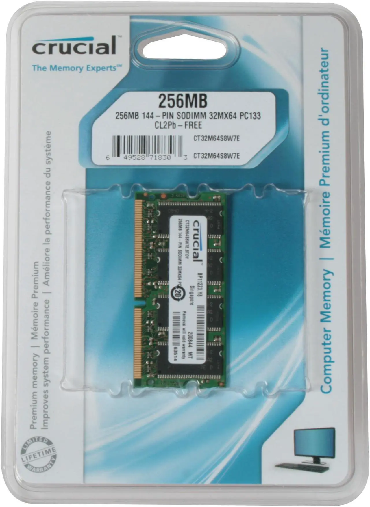 Crucial 256MB 144-Pin SO-DIMM PC 133 Laptop Memory Model CT32M64S8W7E ...
