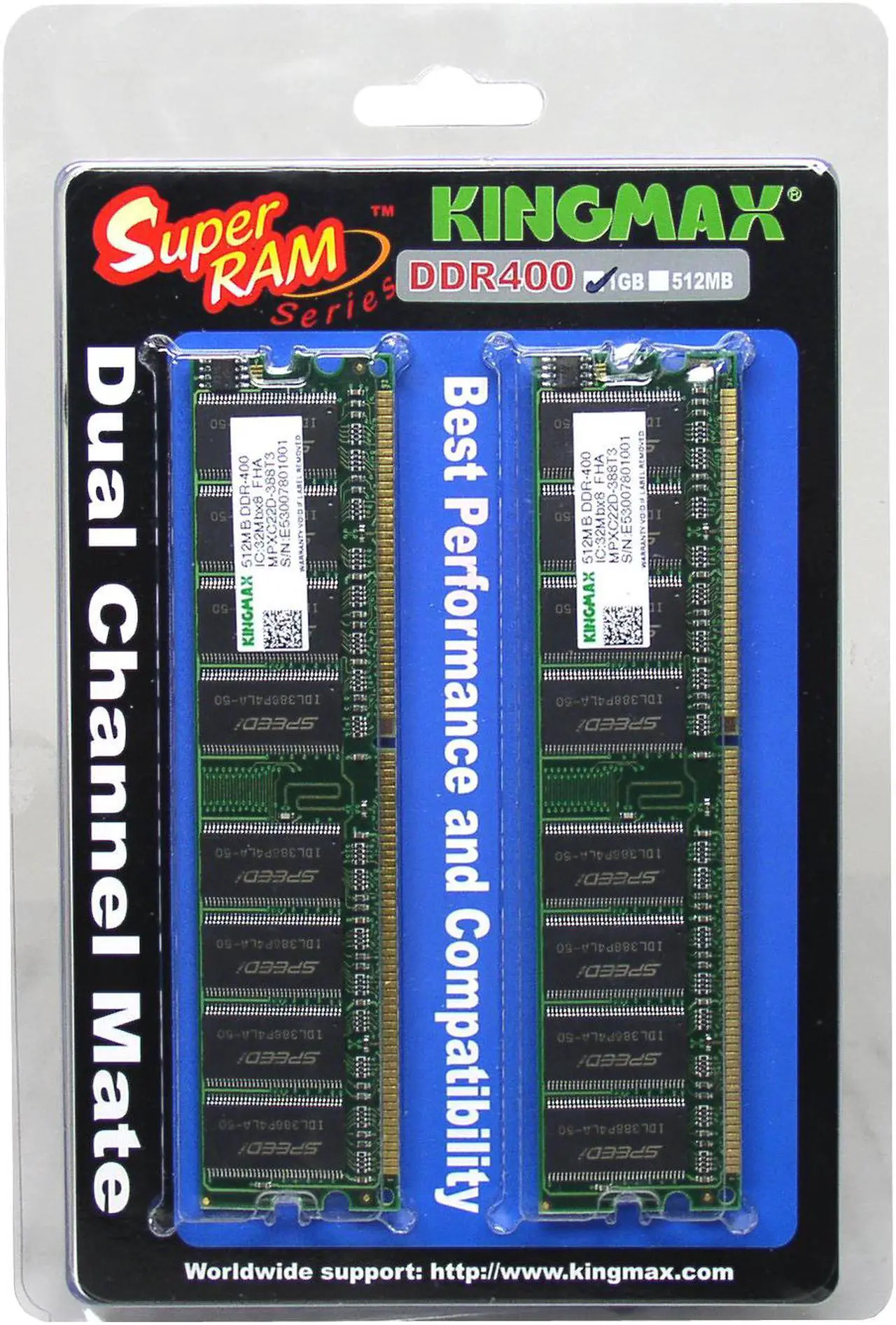 KINGMAX SuperRAM 1GB (2 x 512MB) DDR 400 (PC 3200) Dual Channel Kit Desktop Memory Model MPXD42D ...