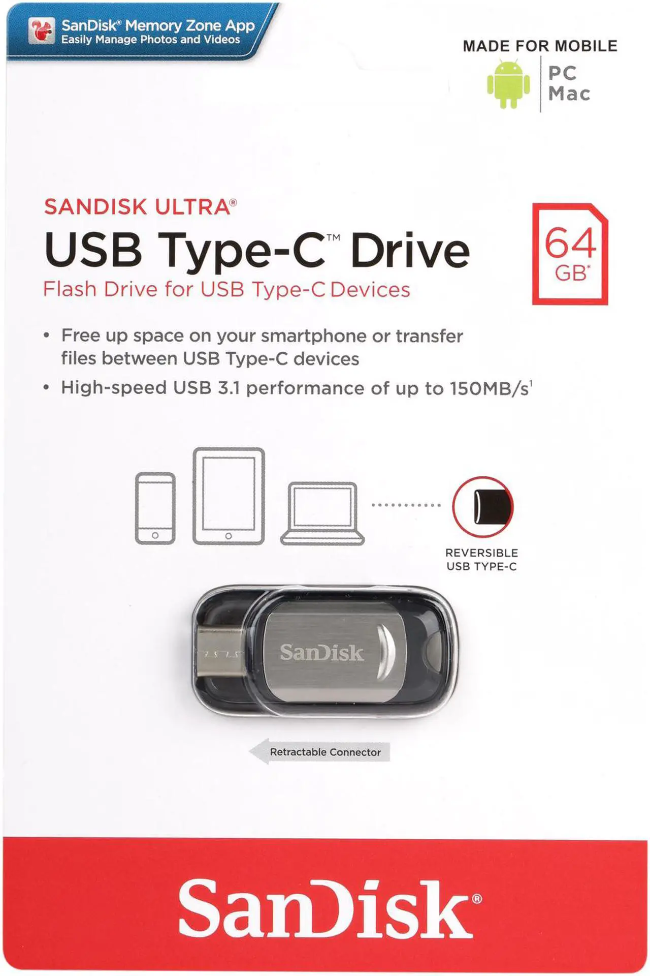 SanDisk 64GB Ultra USB Type-C Flash Drive, Speed Up to 150MB/s (SDCZ450 ...