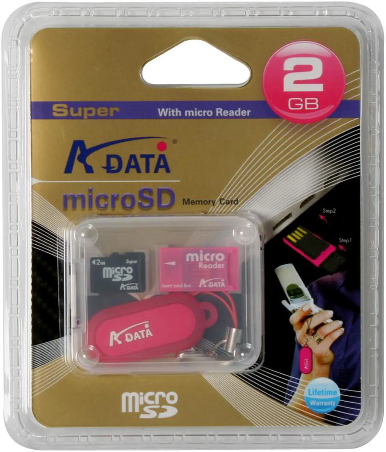 ADATA 2GB MicroSD Flash Card with USB Reader Model microReader 2G Pink ...