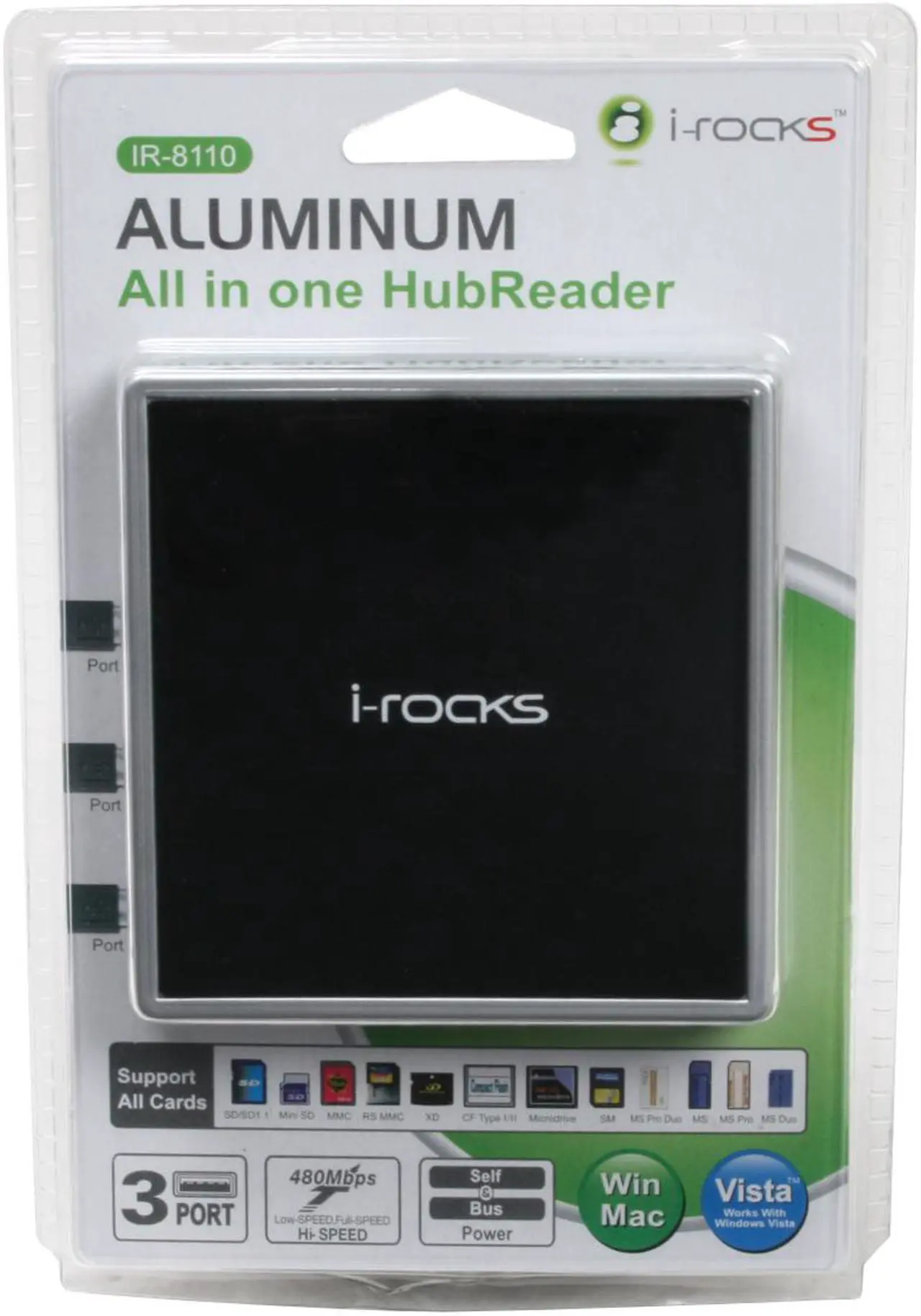 i-rocks IR-8110-BK Aluminum All-in-1 Cardreader w/3 Port USB2.0 Hub and ...