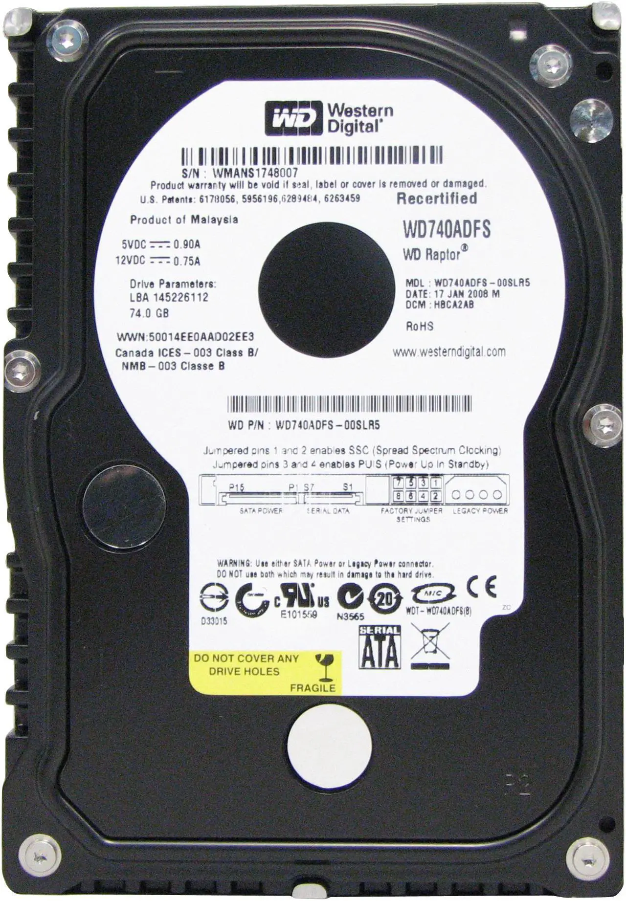 Western Digital Raptor WD740ADFS 74GB 10000 RPM 16MB Cache SATA 3.0Gb/s ...