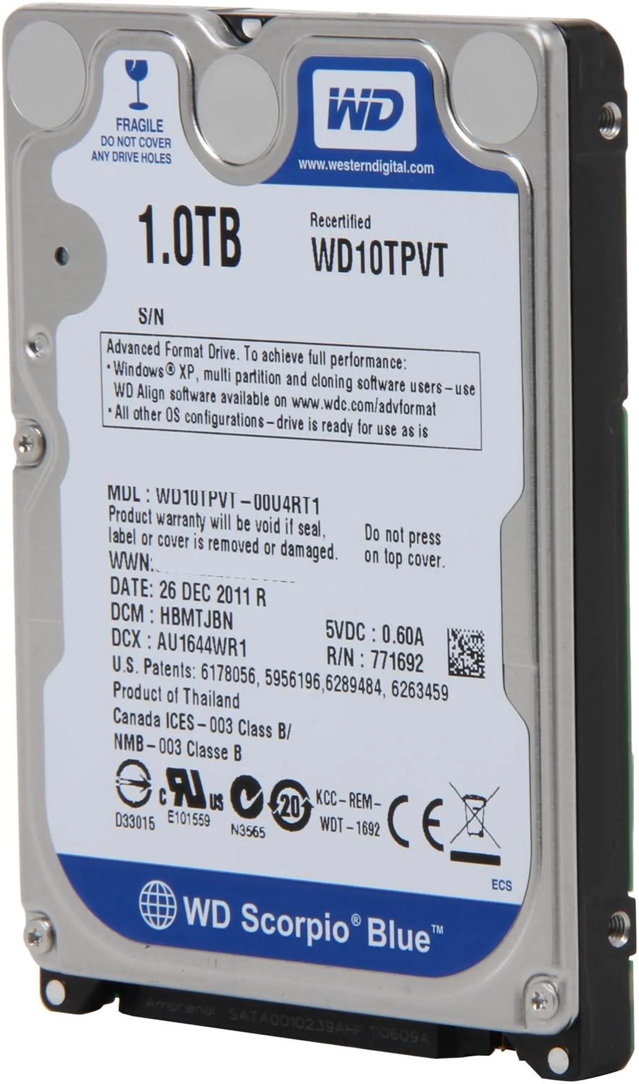 Refurbished: WD Scorpio Blue WD10TPVT 1TB 5200 RPM 8MB Cache SATA 3.0Gb ...