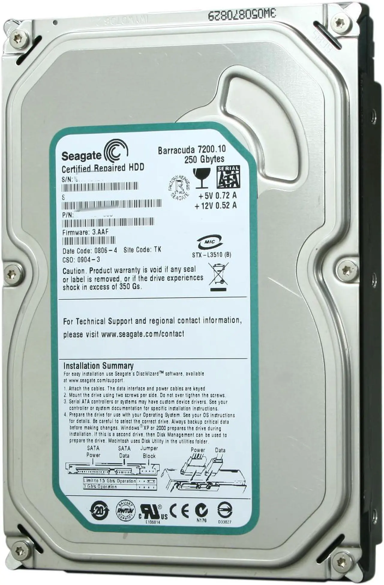 Refurbished: Seagate BarraCuda 7200.10 RFHST3250310AS 250GB 7200 RPM 8MB Cache SATA 3.0Gb/s 3.5 ...