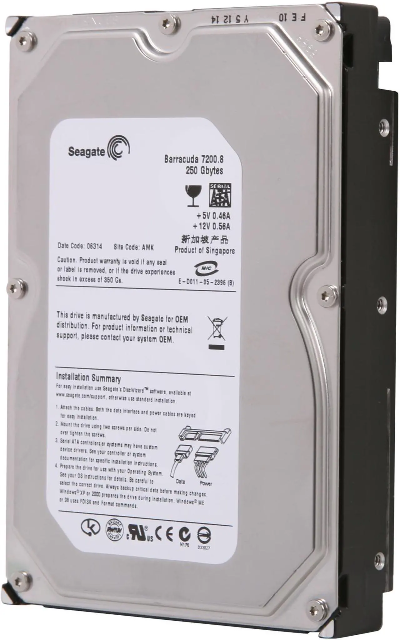 Refurbished: Seagate BarraCuda 7200.8 ST3250823AS-FR 250GB 7200 RPM 8MB Cache SATA 1.5Gb/s 3.5 ...