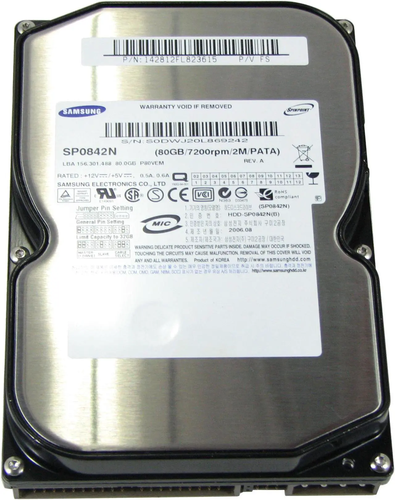 Open Box: SAMSUNG SpinPoint P80 Series SP0842N 80GB 7200 RPM 2MB Cache ...