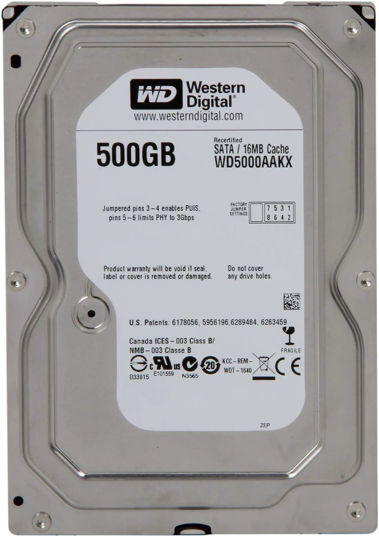 Refurbished: WD Blue WD5000AAKX-FR 500GB 7200 RPM 16MB Cache SATA 6.0Gb/s 3.5" Internal Hard ...
