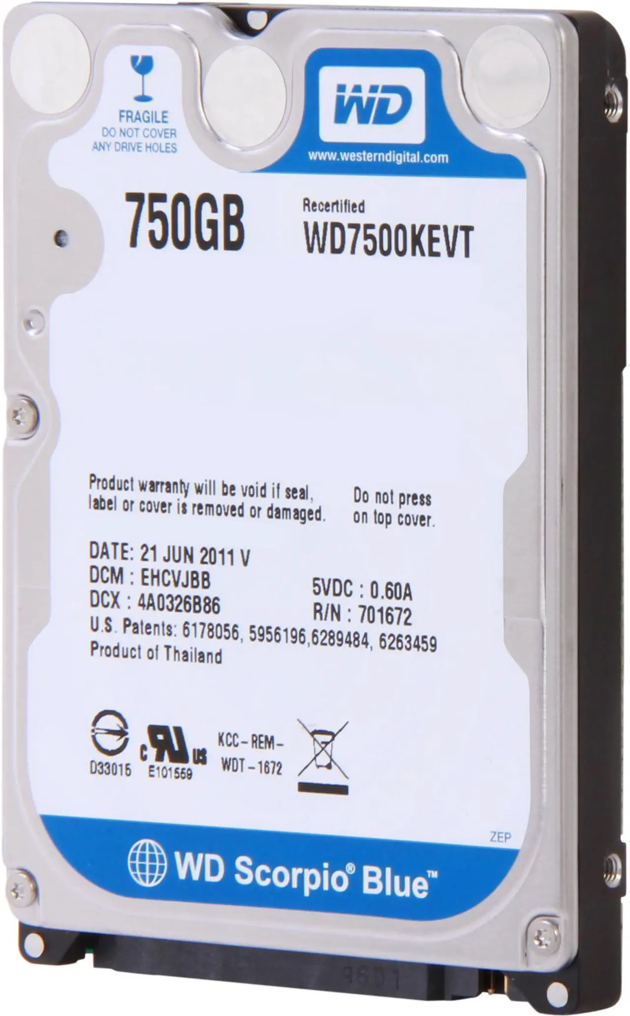 Refurbished: WD Scorpio Blue WD7500KEVT 750GB 5200 RPM 8MB Cache SATA 3 ...