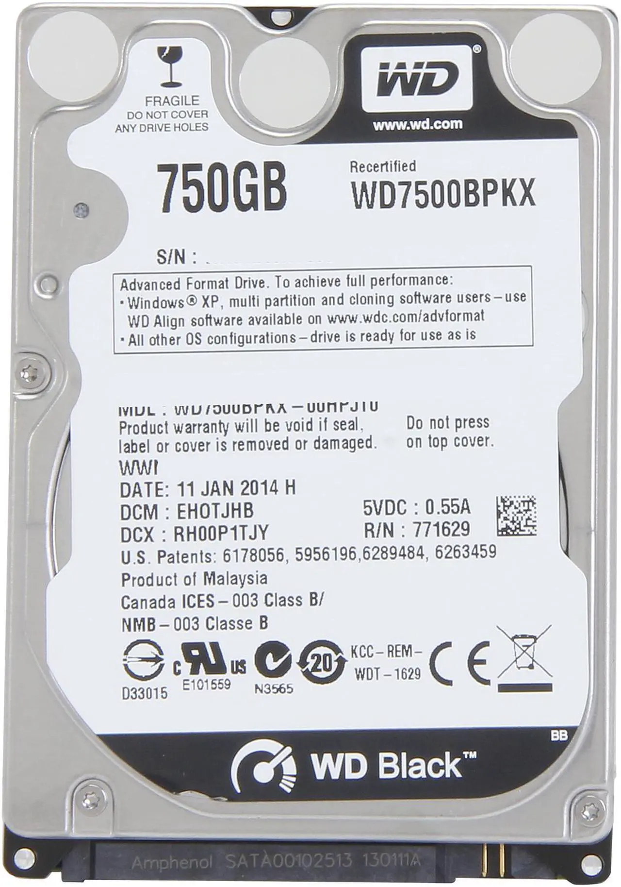 Refurbished: WD BLACK SERIES WD7500BPKX 750GB 7200 RPM 16MB Cache SATA 6.0Gb/s 2.5" Internal ...