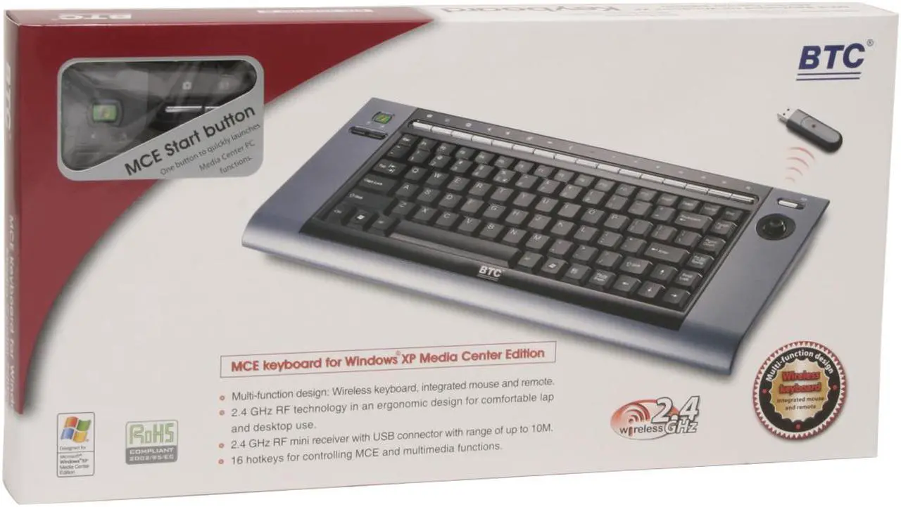 BTC 9029URF III Gray/Black RF Wireless MCE Keyboard for Windows XP ...