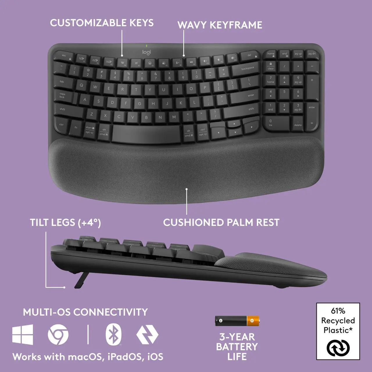 Logitech Wave Keys Wireless Ergonomic Keyboard with Cushioned Palm Rest ...