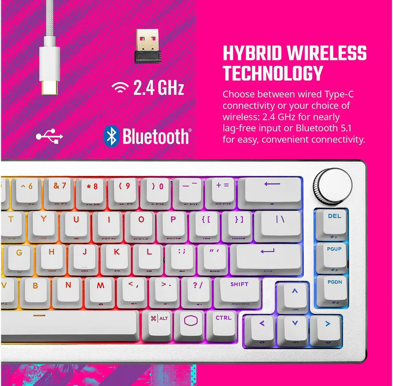 Cooler Master CK721 Silver White Hybrid Wireless Mechanical Blue Switch ...