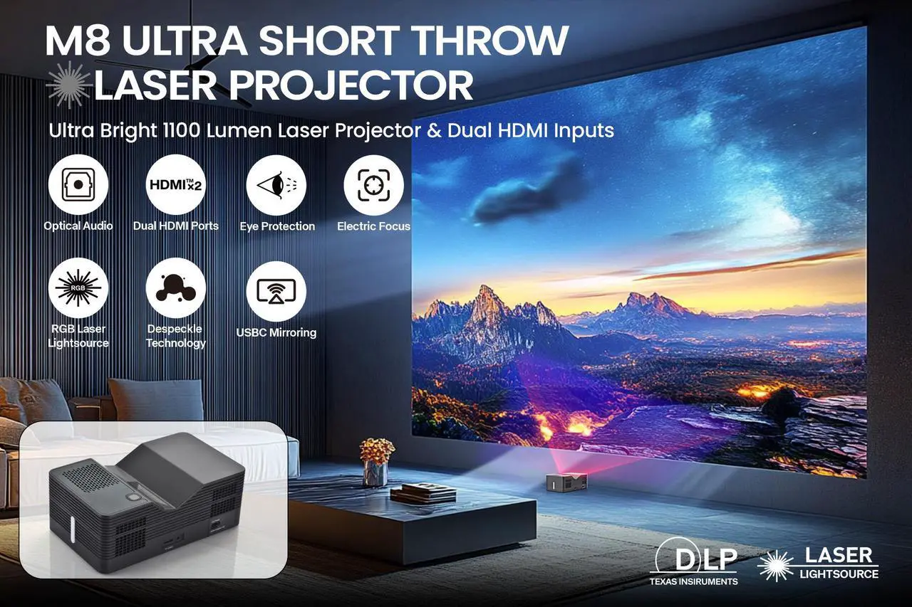 AAXA M8 UST Laser Projector Ultra Short Throw 4K Laser Projector 1100 LD Lumens, BT 5.4, WiFi 6 ...