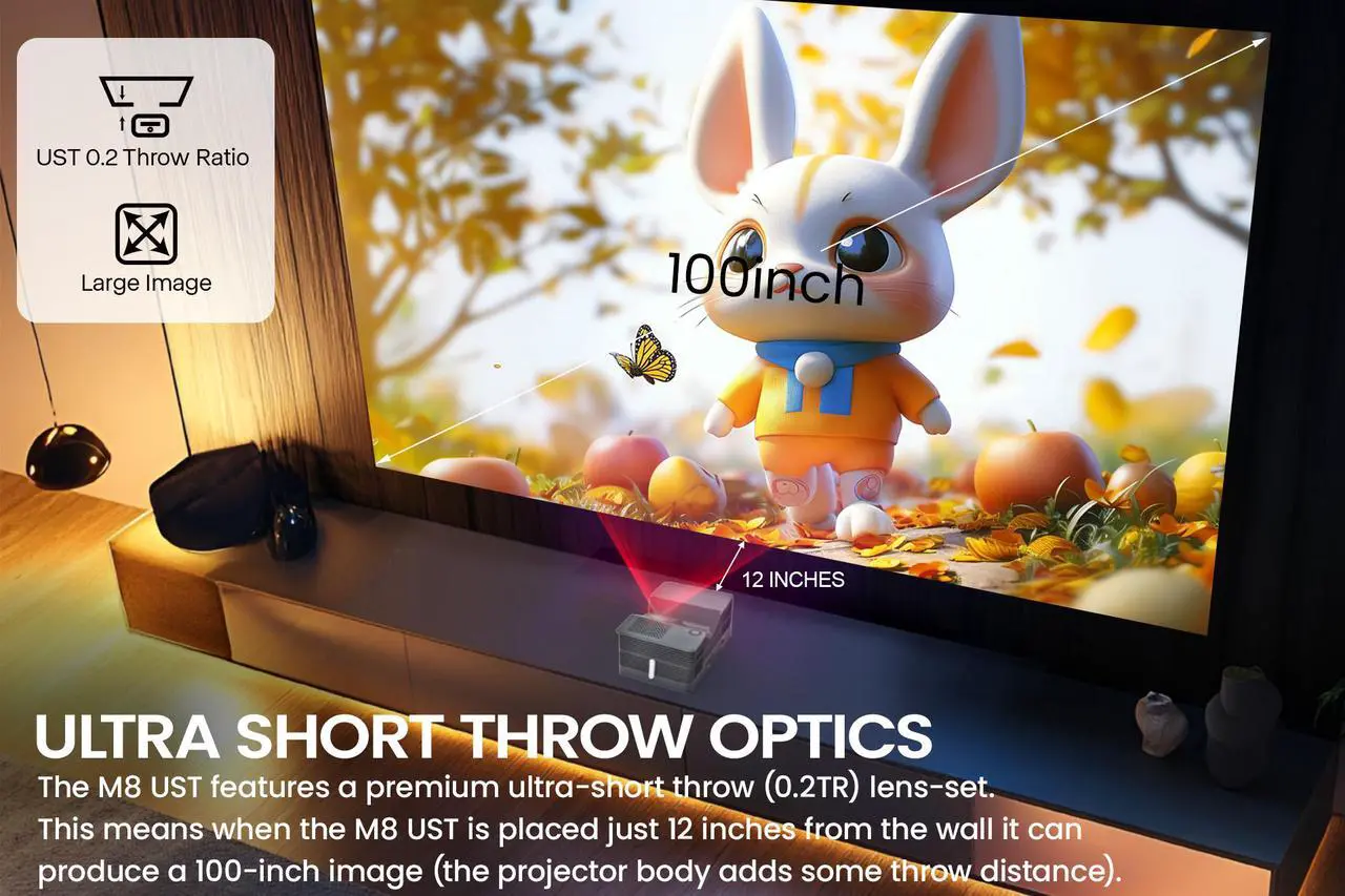 AAXA M8 UST Laser Projector Ultra Short Throw 4K Laser Projector 1100 LD Lumens, BT 5.4, WiFi 6 ...