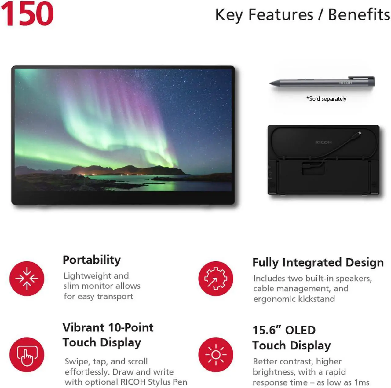 Ricoh 15.6" Portable Monitor 150 Wired - 1920 x 1080 - OLED Display ...