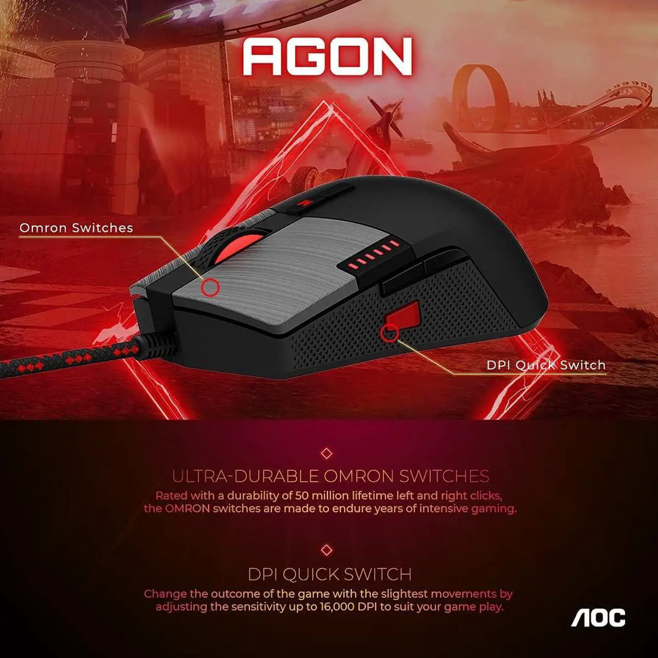 AOC Agon AGM700 Gaming Mouse - 16,000 DPI - Omron Switches - RGB ...