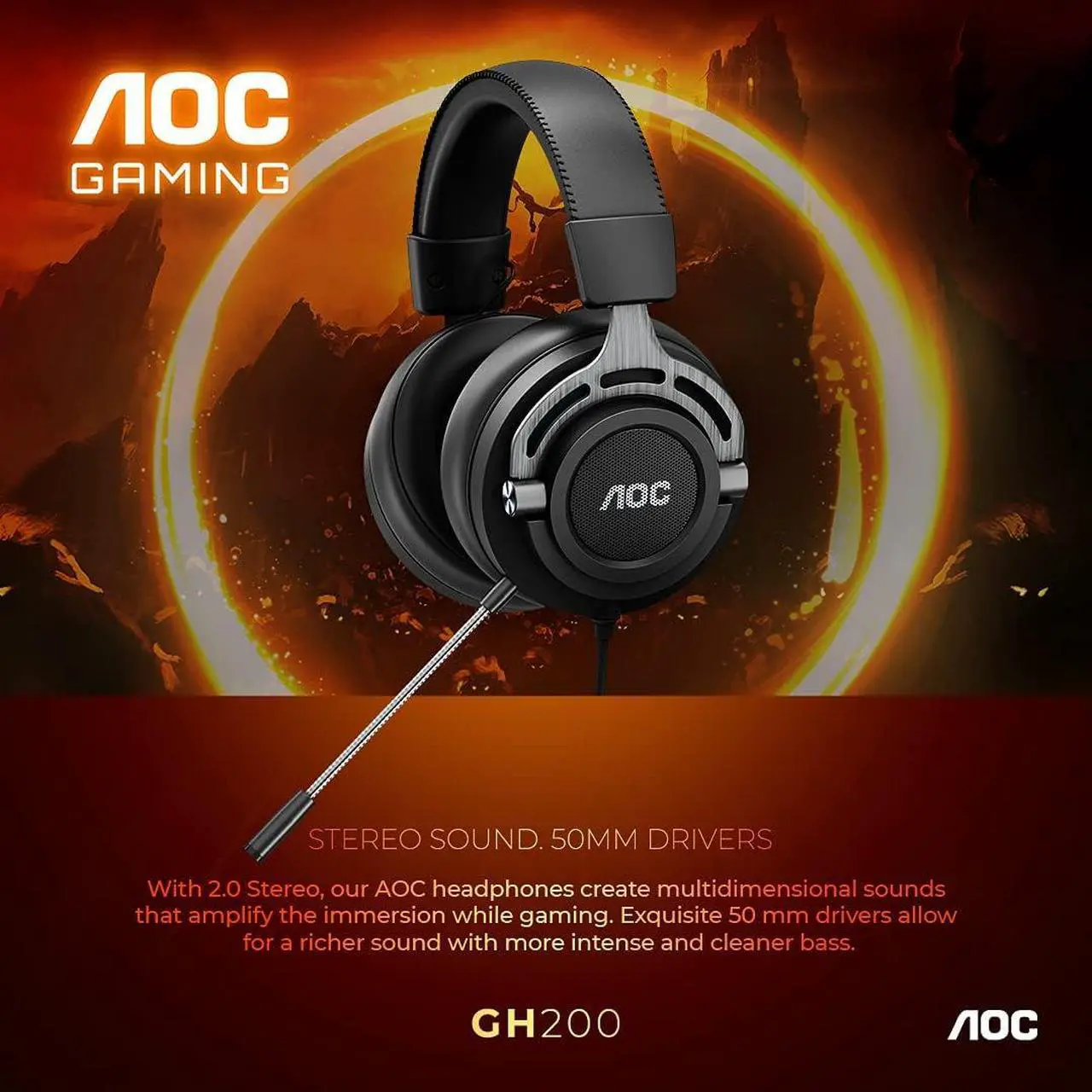 AOC Gaming GH200 Wired Gaming Headset with 2.0 Stereo Sound, Built-in Detachable Microphone ...
