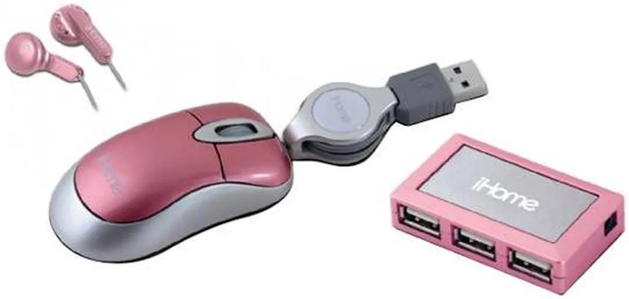 iHome IH-B938NP Pink Wired Optical Retractable Netbook Mouse, 4-Port ...