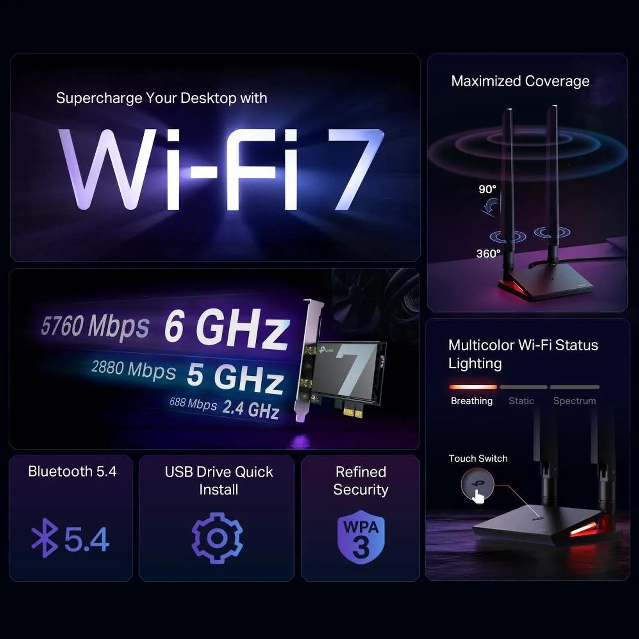 TP-Link WiFi 7 BE9300 PCIe WiFi Card for Desktop PC(Archer TBE550E ...