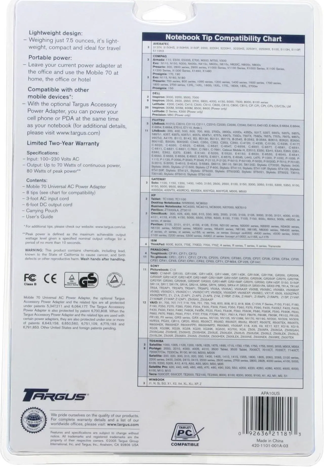 Targus APA10US Mobile 70 Universal AC Power Adapter - Newegg.com