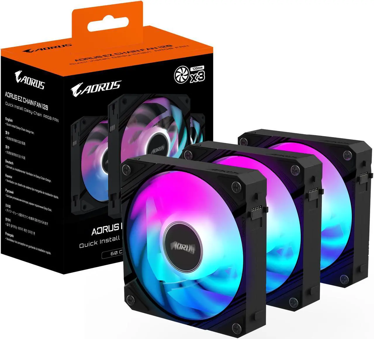 AORUS EZ CHAIN FAN 120 ICE (3-Pack), 120mm Hydro Dynamic Bearing ARGB ...