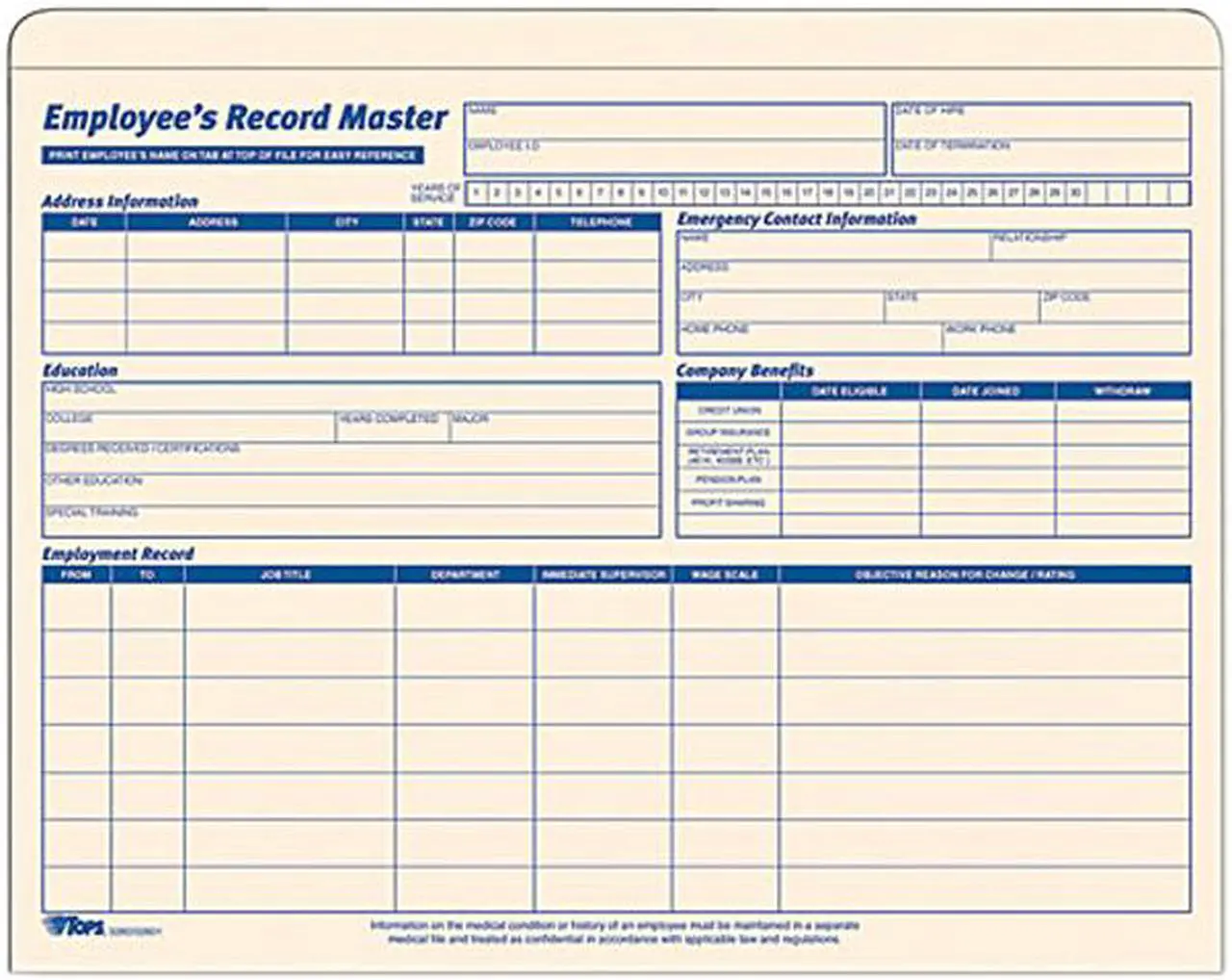 Tops 32801 Employee Record Master File Jacket, 9 1/2 x 11 3/4, 10 Point ...