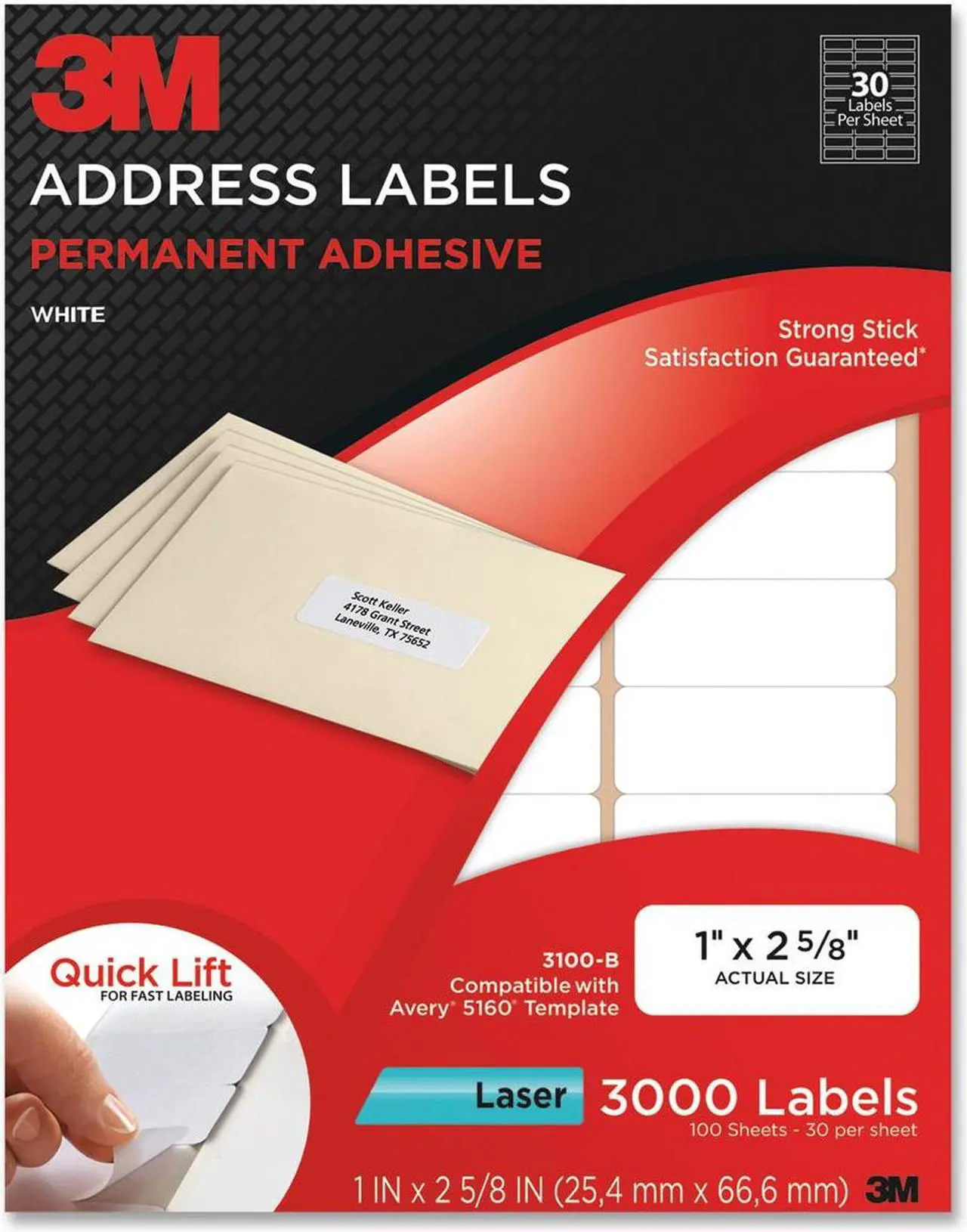 3M 3100-B Permanent Adhesive White Laser Mailing Labels, 1 x 2-5/8 ...