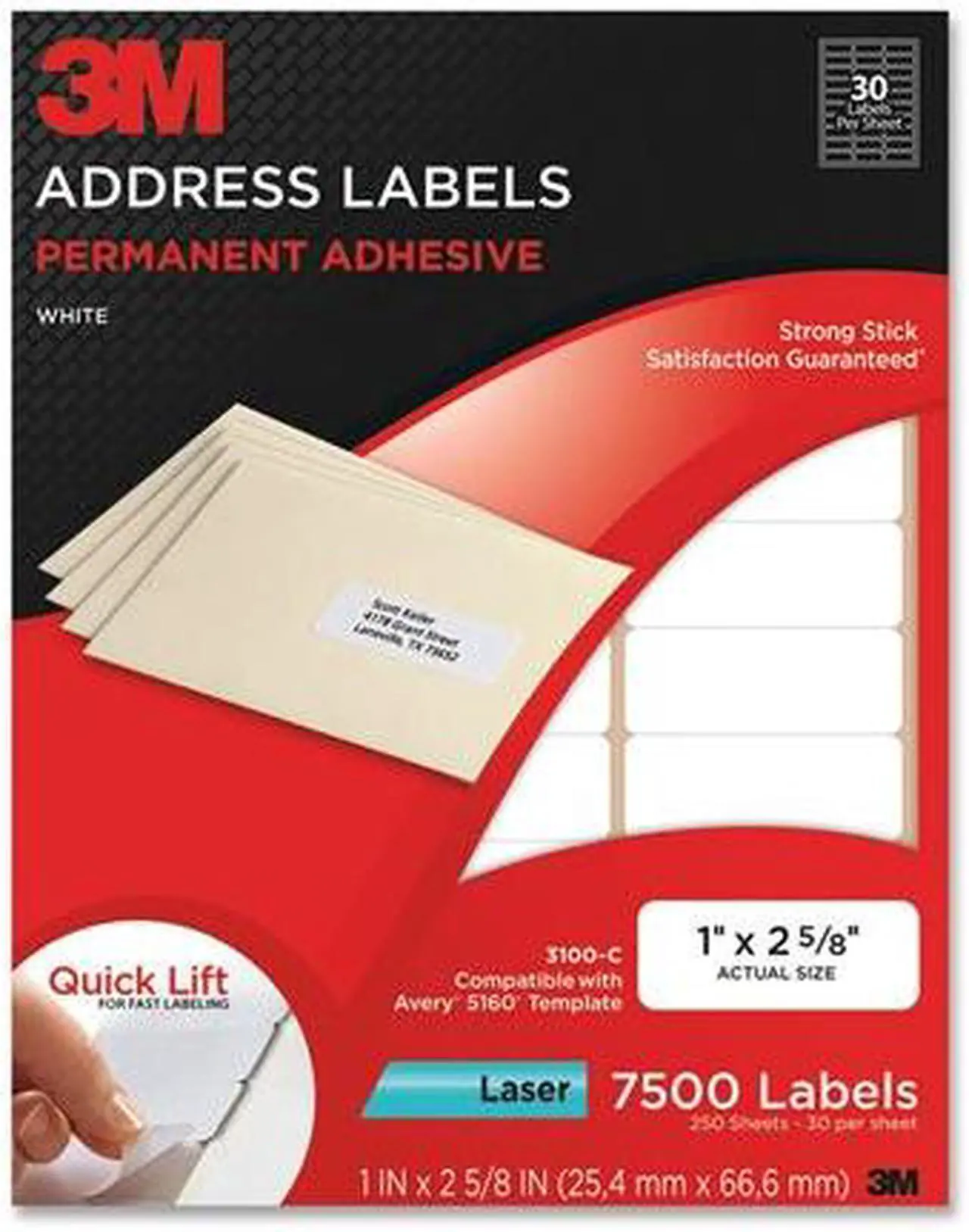 3M 3100-C Permanent Adhesive White Laser Mailing Labels, 1 x 2-5/8 ...