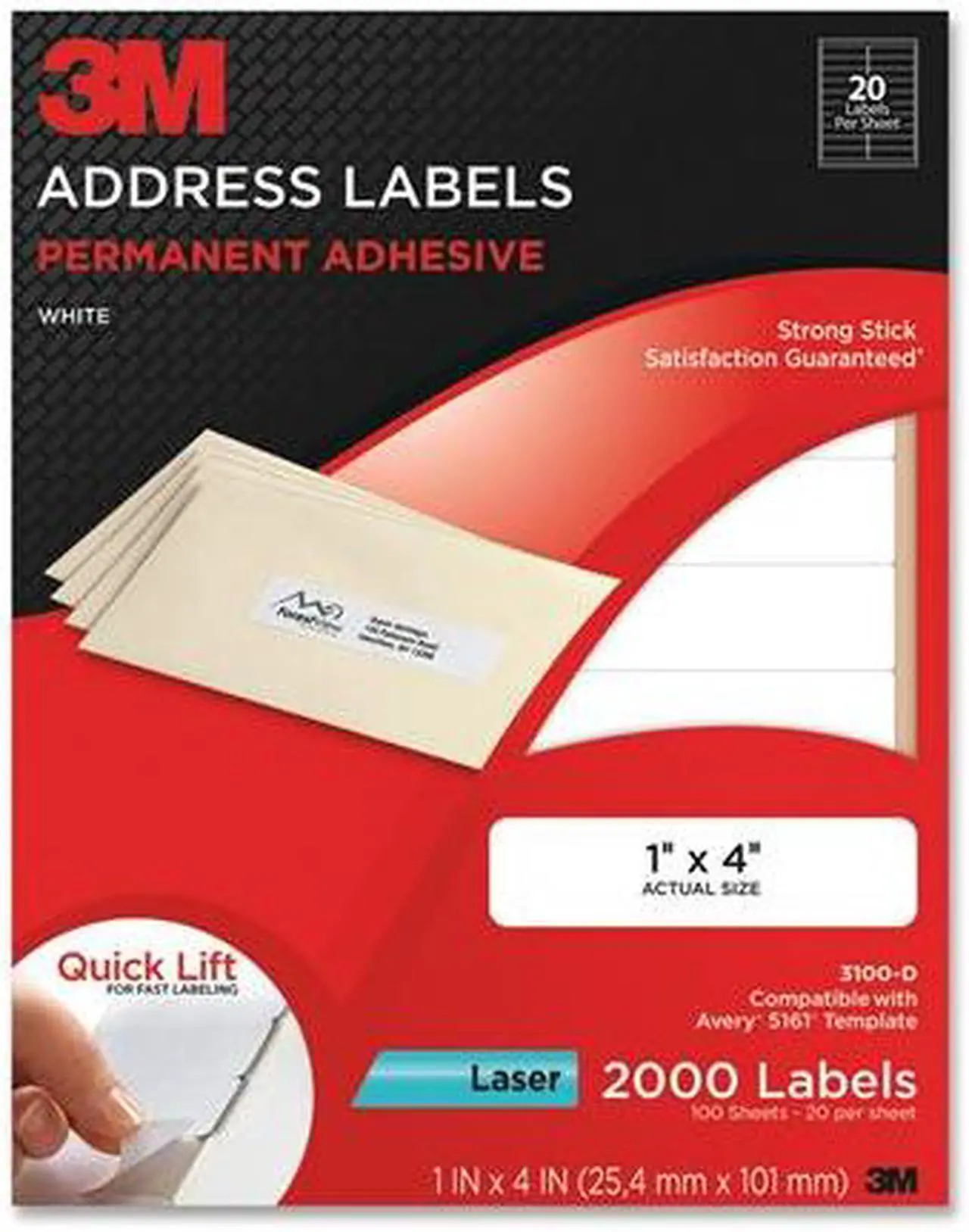 3M 3100-D Permanent Adhesive White Laser Mailing Labels, 1 x 4, 2000 ...