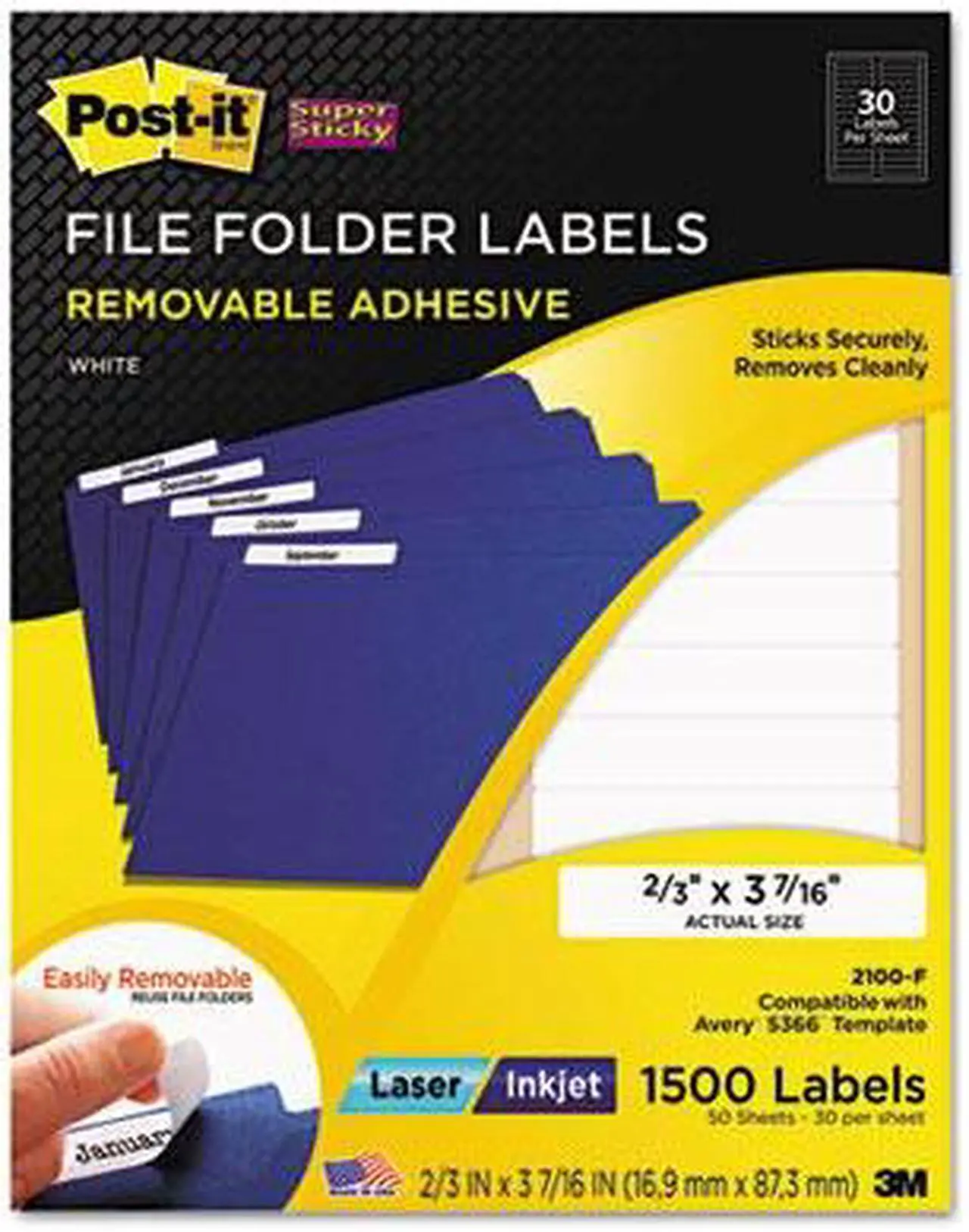 Post-it Super Sticky 2100-F Super Sticky Removable File Folder Labels ...