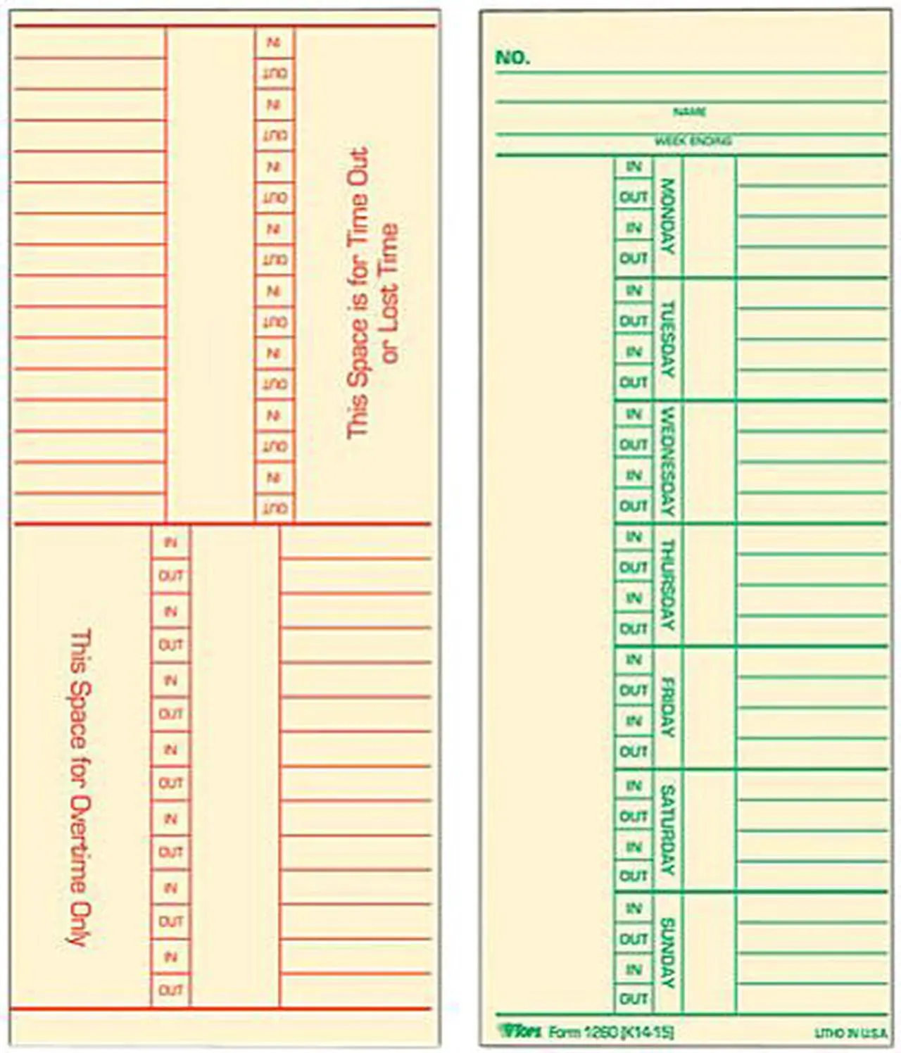 Tops 1260 Time Card for Cincinnati, Named Days, Two-Sided, 3-3/8 x 8-1/ ...