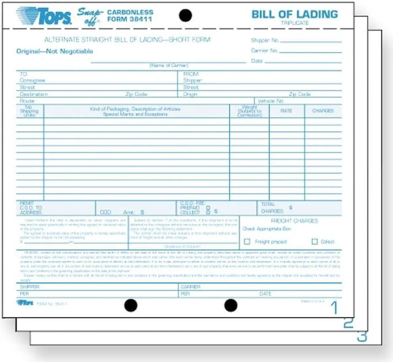 Tops 38411 Snap-Off Bill of Lading, 8-1/2 x 7, Three-Part Carbonless ...