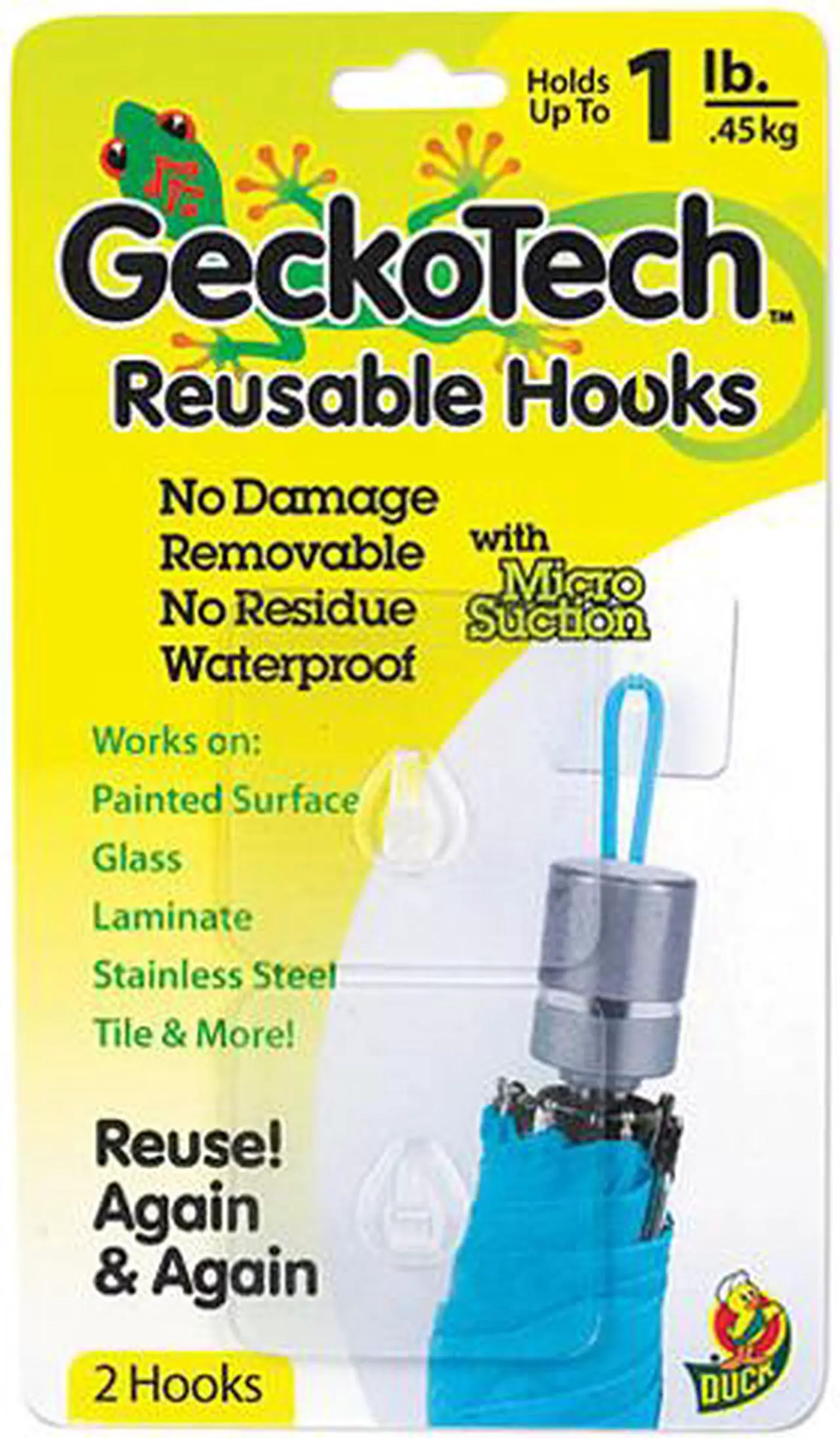 Duck 283380 GeckoTech Reusable Hooks, Plastic, 1 lb Capacity, Clear, 2 ...