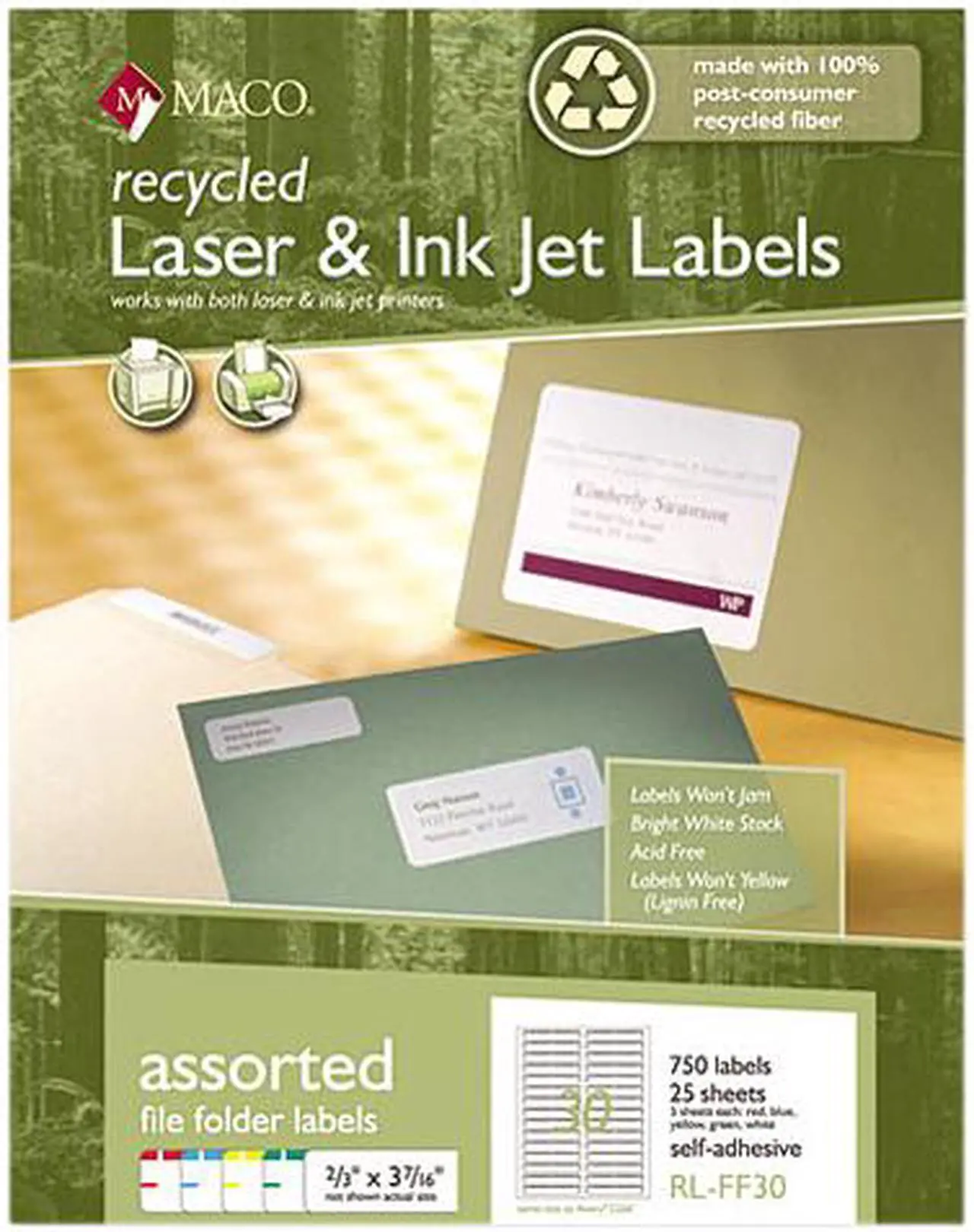 Maco RL-FF30 Recycled Laser and InkJet Labels, 2/3 x 3 7/16, Assorted ...