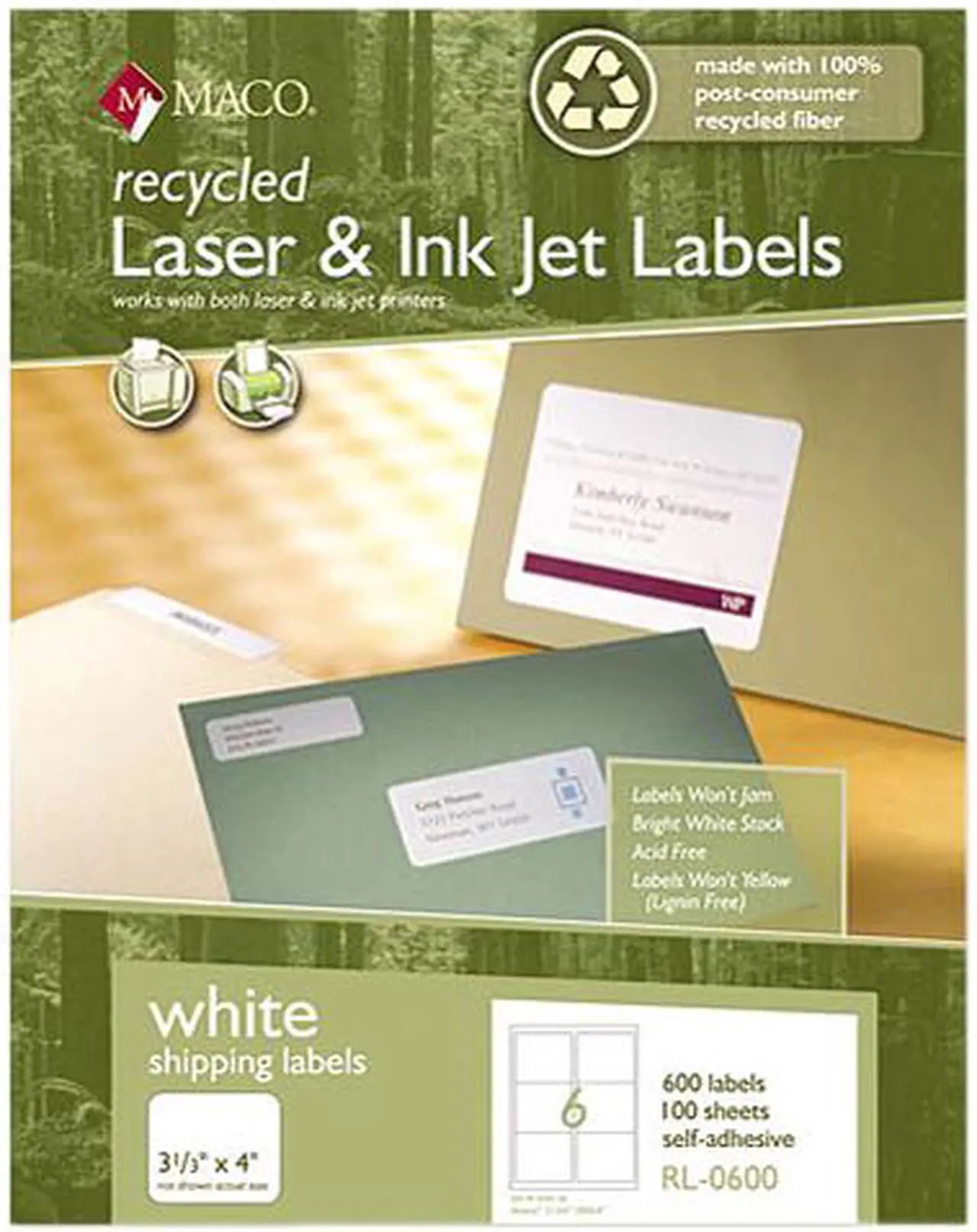 Maco RL-0600 Recycled Laser and InkJet Labels, 3-1/3 x 4, White, 600 ...