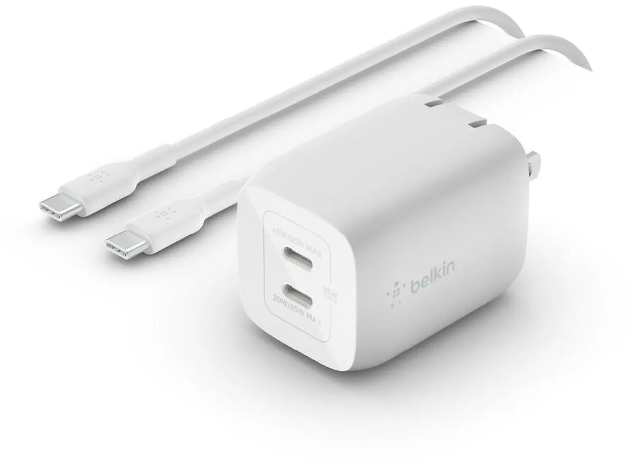 Belkin Dual USB-C GaN Wall Charger with PPS 65W + USB-C to USB-C Cable ...