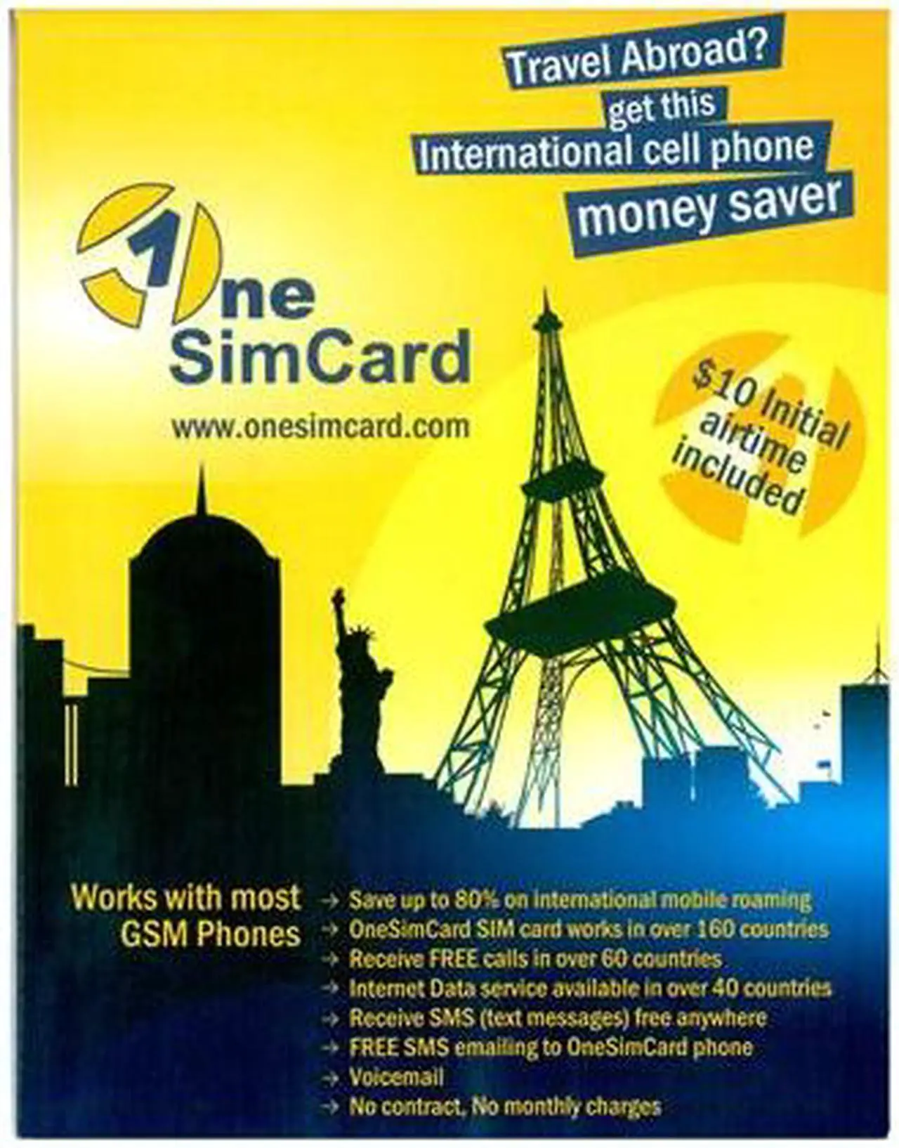 OneSimCard International SIM Card for Prepaid Mobile Service in 190 Countries w/ $10 Airtime ...