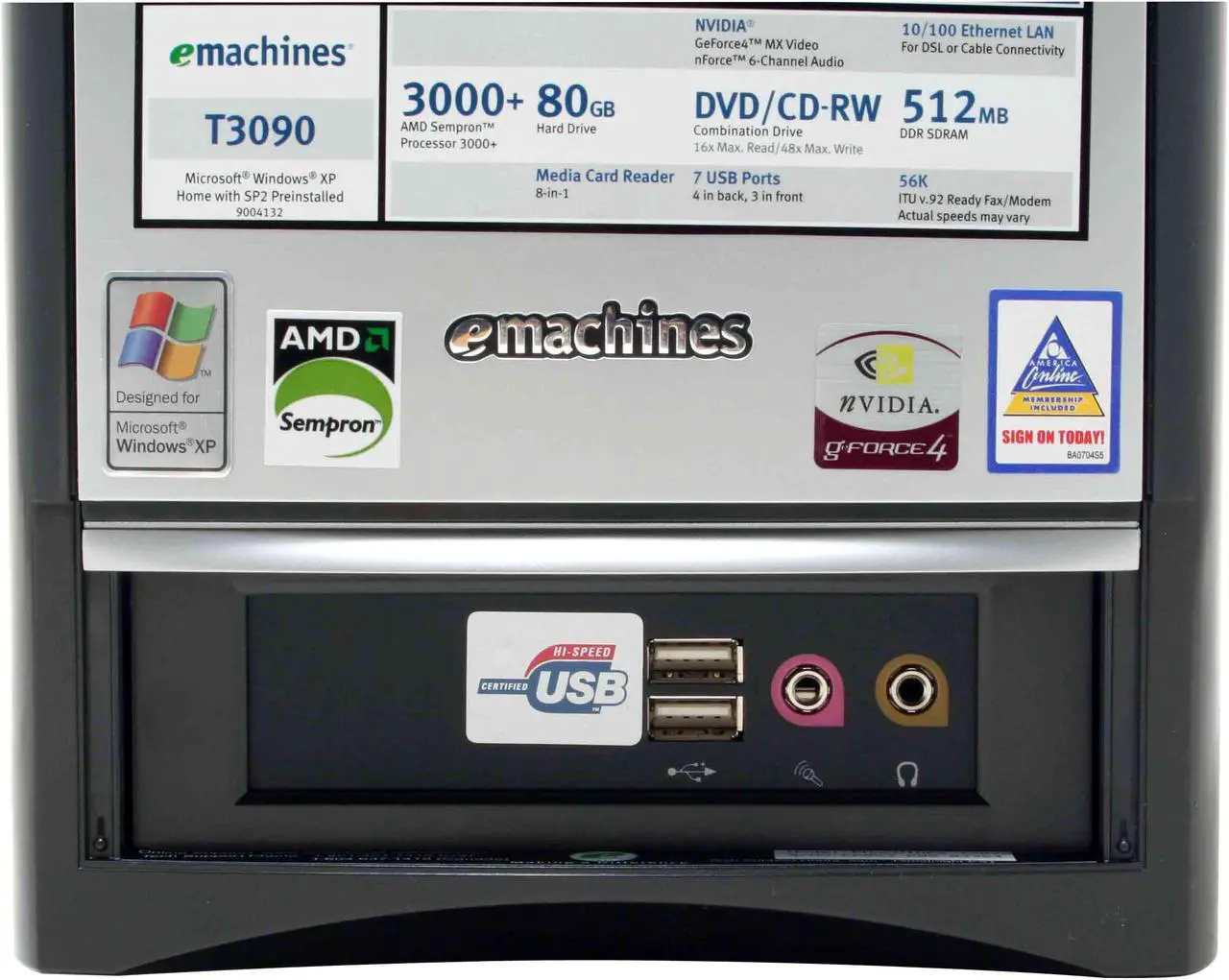 eMachines Desktop PC T3090 3000+ 512MB DDR 80GB HDD Windows XP Home ...