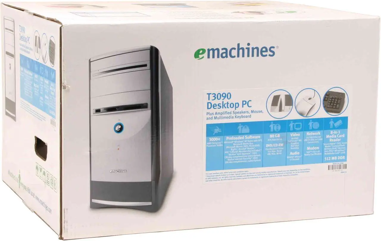 eMachines Desktop PC T3090 3000+ 512MB DDR 80GB HDD Windows XP Home ...