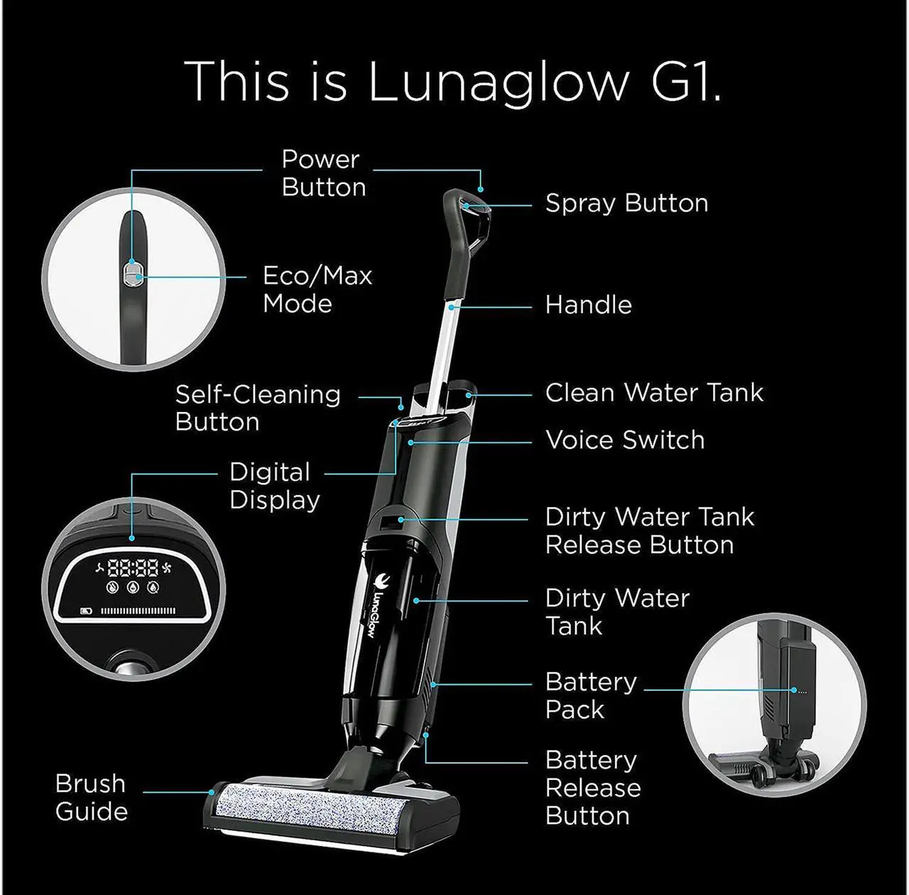Lunaglow G1 3-in-1 Cordless Vacuum Cleaner - Wet Dry Vacuum Cleaner ...