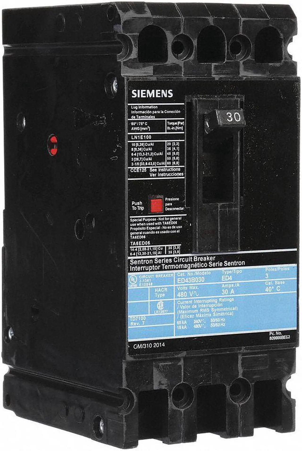 SIEMENS ED43B030 Molded Case Circuit Breaker, ED4 Series, 30A, 3 Pole ...
