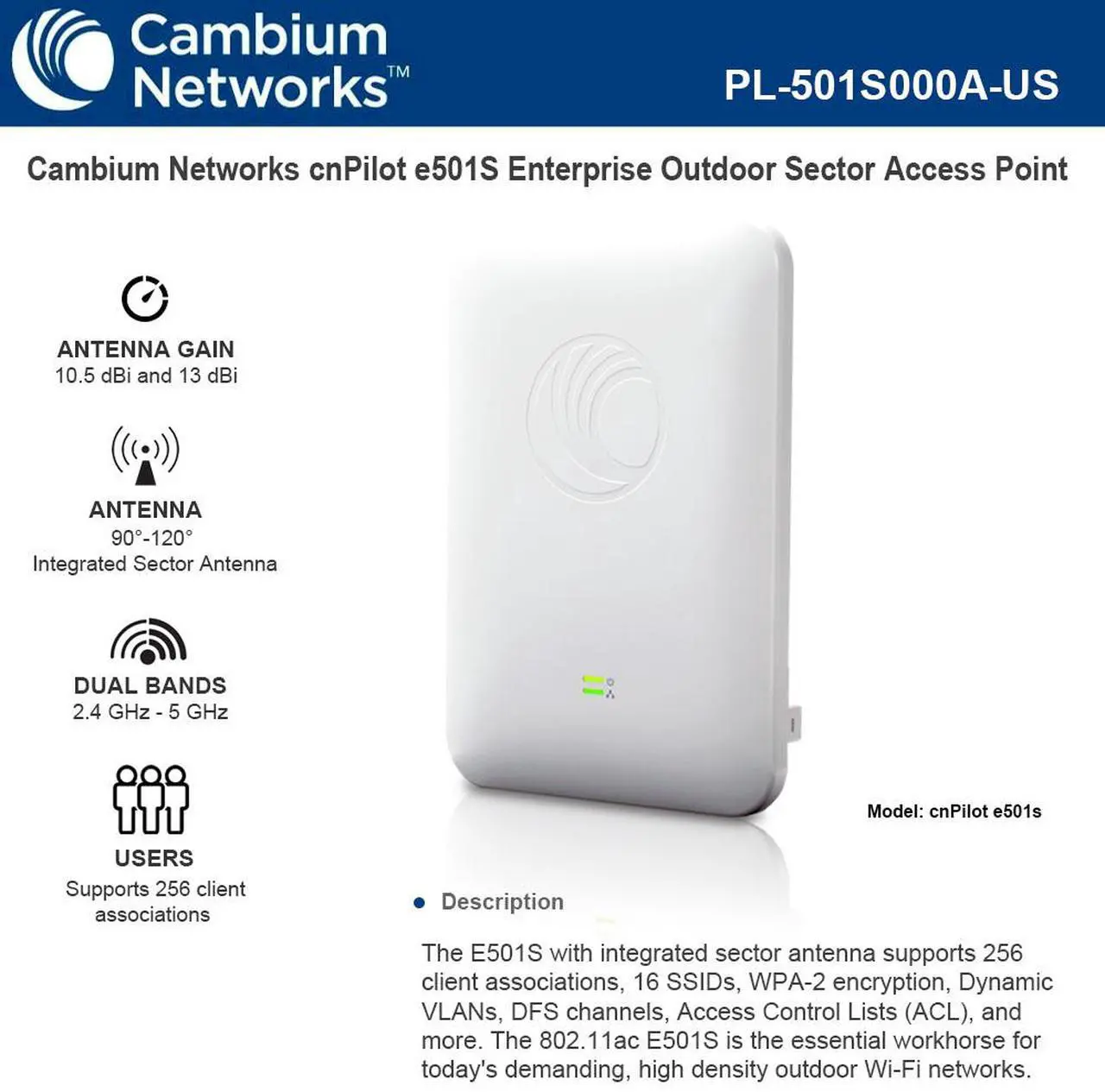Cambium Networks - PL-501S000A-US - cnPilot Enterprise E501S Outdoor 802.11ac Wave 1 Dual Band ...
